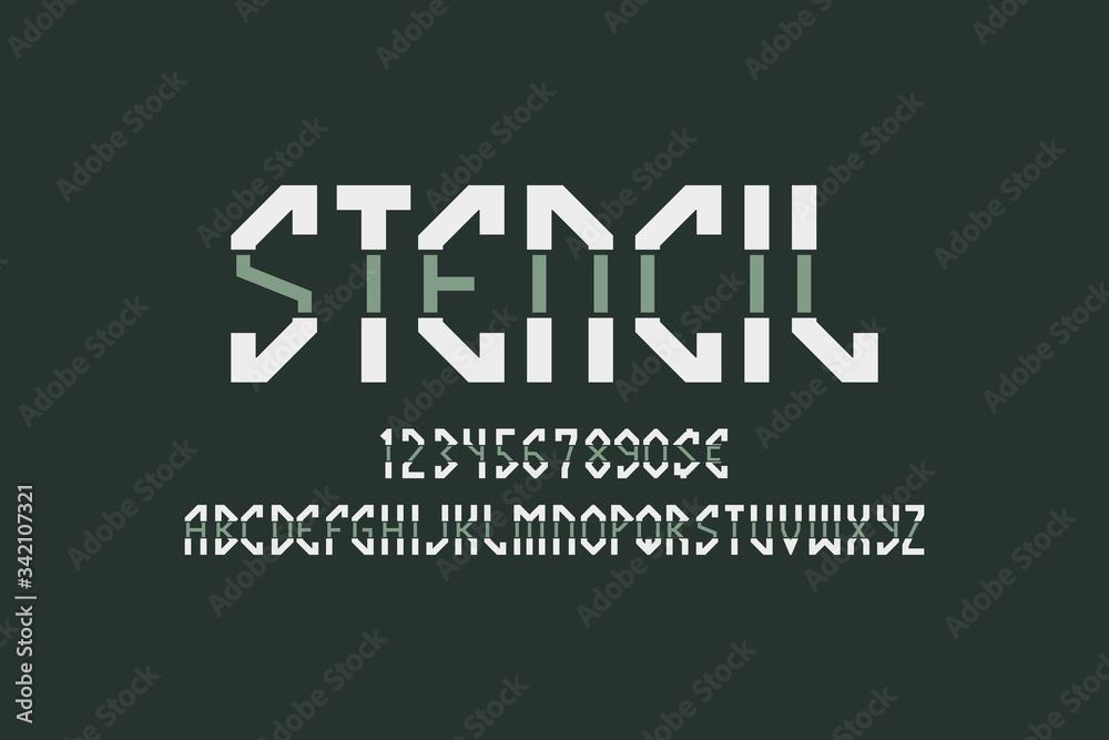 Stencil artistic display font. Gray white angular letters, numbers and ...