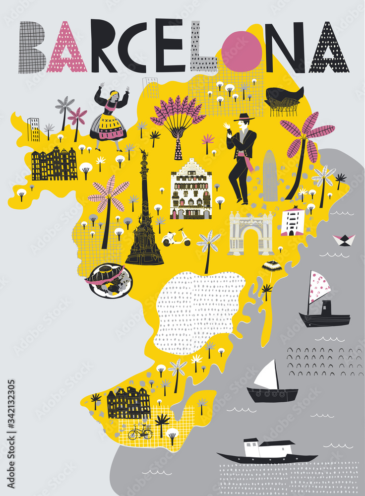Cartoon Map of Barcelona. Spain. Print Design Stock Vector | Adobe Stock