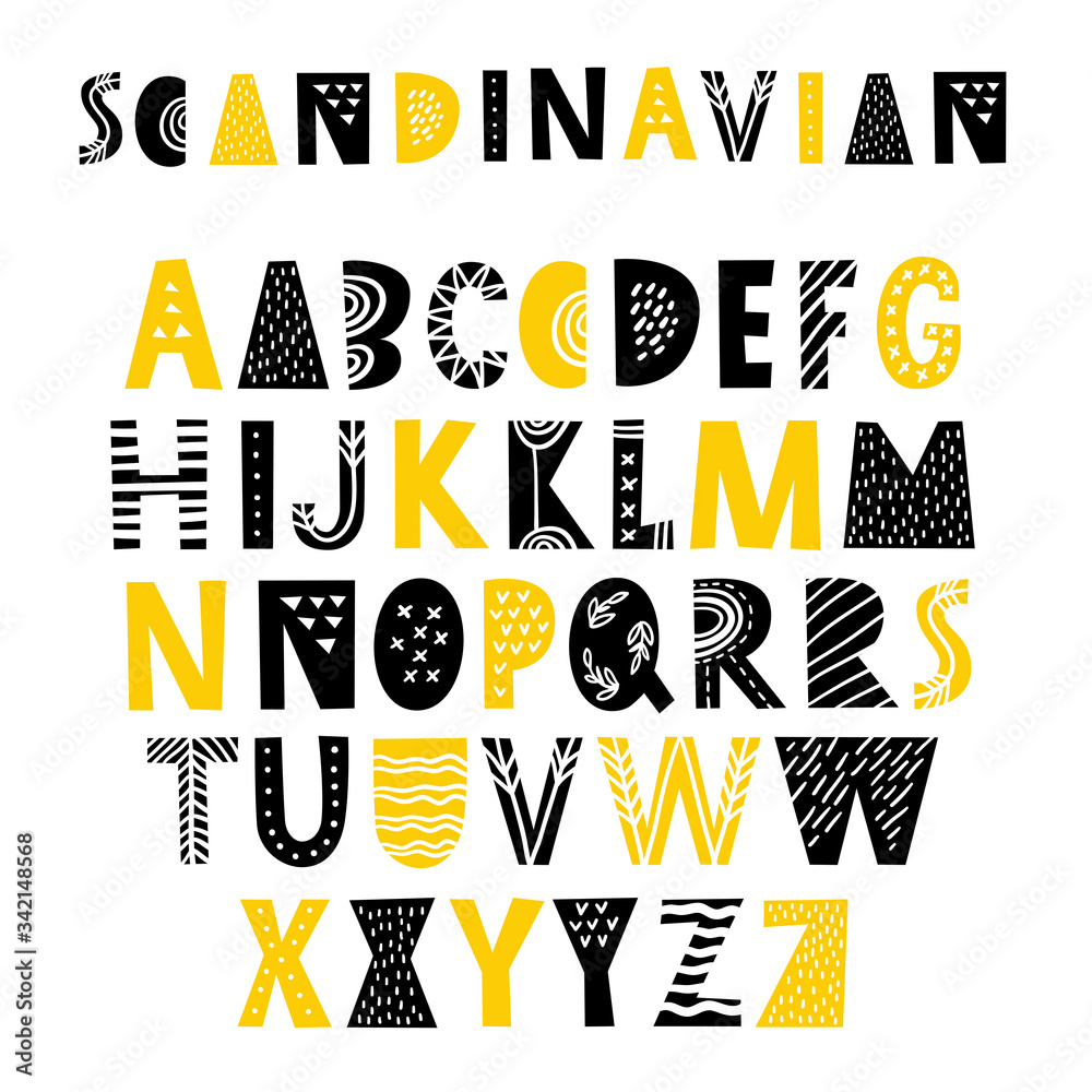 Trendy doodle lettering with scandinavian alphabet hand drawn. Hand ...