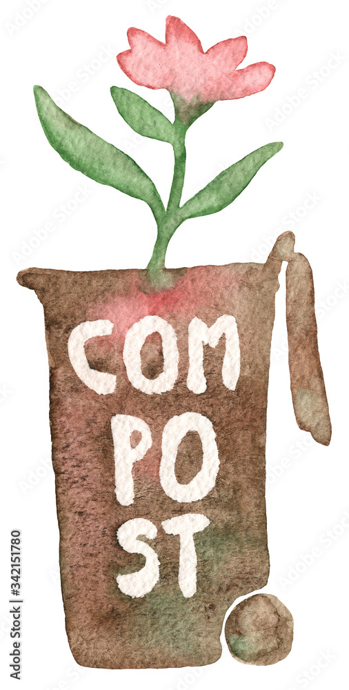 Watercolor illustration of recyclable organic material and kitchen ...