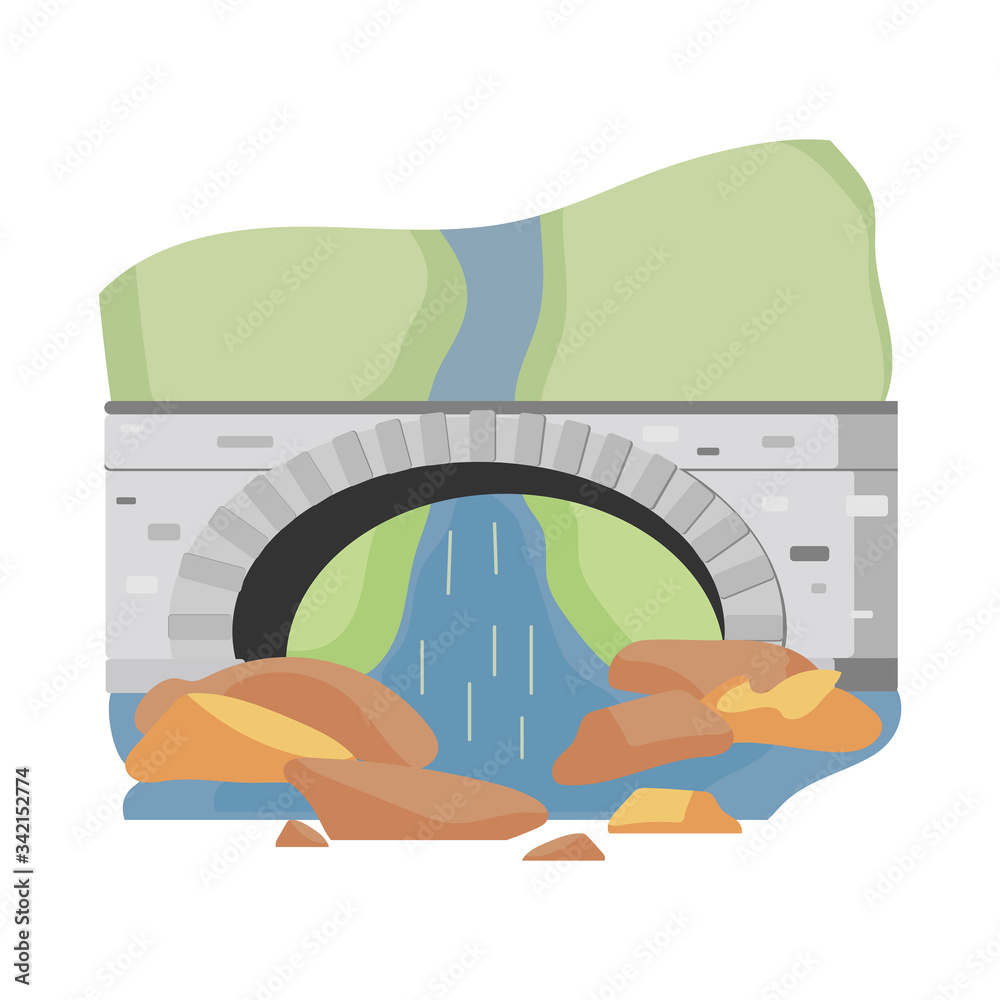 Cartoon stone dark grey bridge with river, waterfall and green trees ...