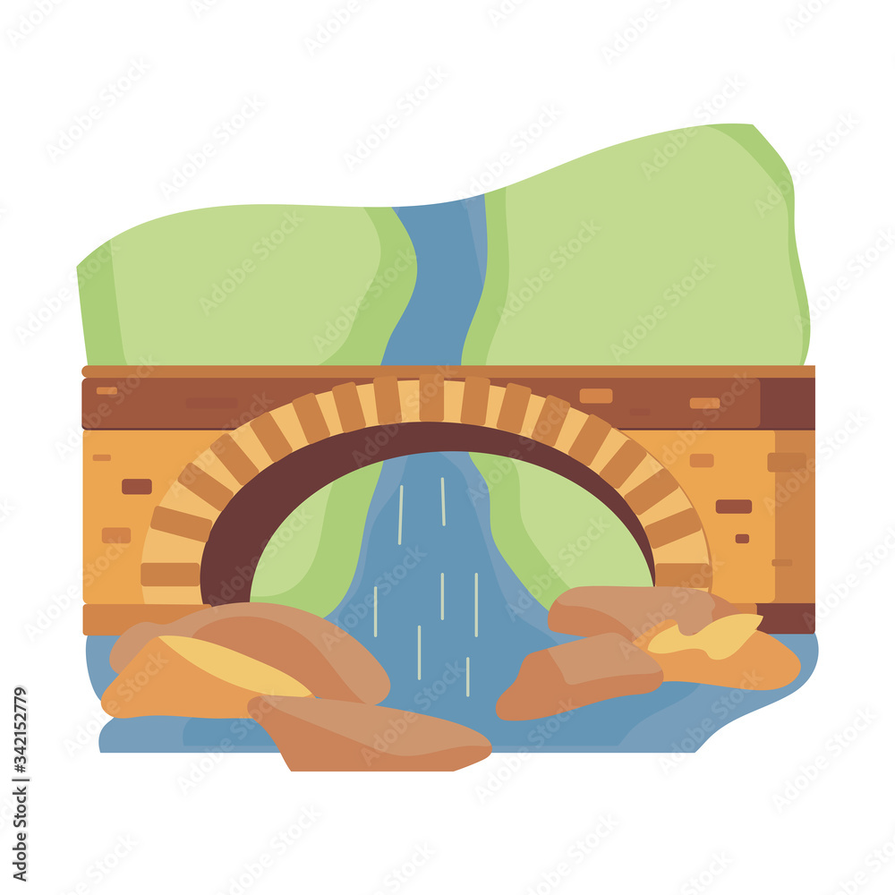 Cartoon stone brown bridge with river, waterfall and some green trees ...