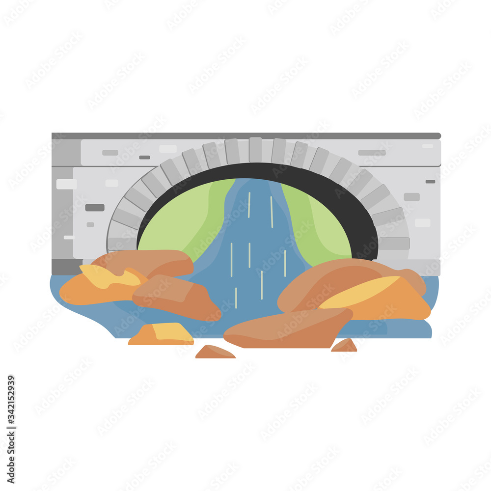 Cartoon stone dark grey bridge with river, waterfall and green trees ...