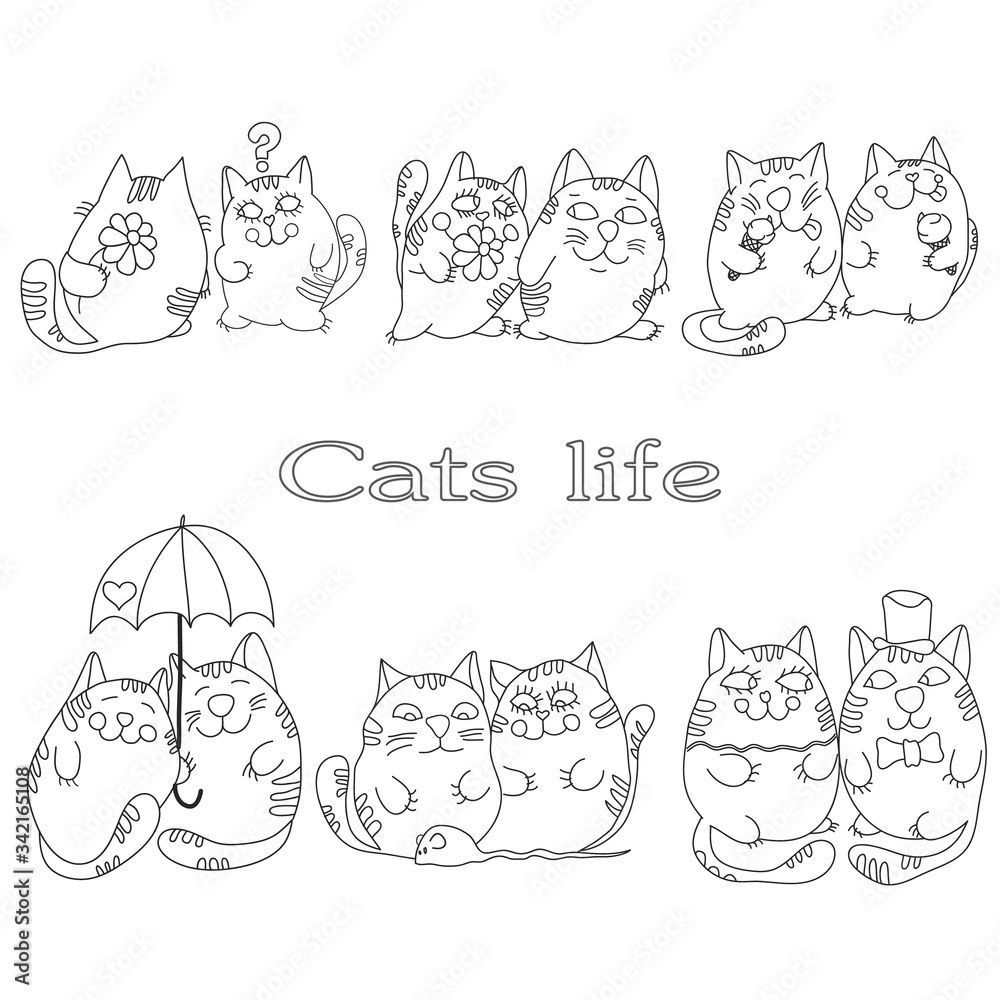 Vector drawing of couples of cats in love for various activities on a ...