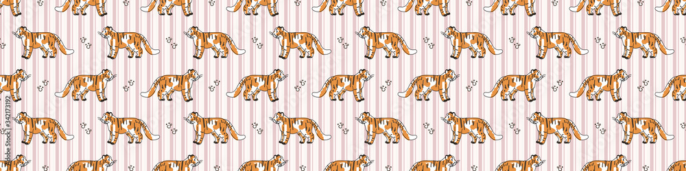 Cute tiger with paw pad seamless vector border. Hand drawn striped big ...