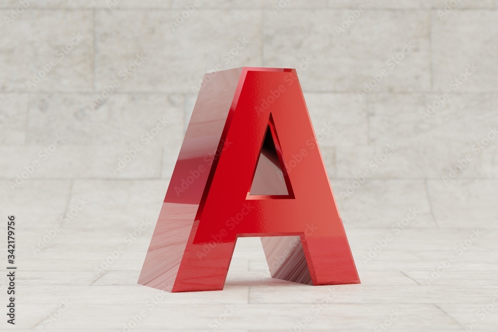 Red 3d letter A uppercase. Glossy red metallic letter on stone tile ...