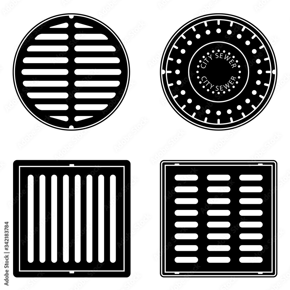 A set of vector sewer caps and grids isolated on a white background ...