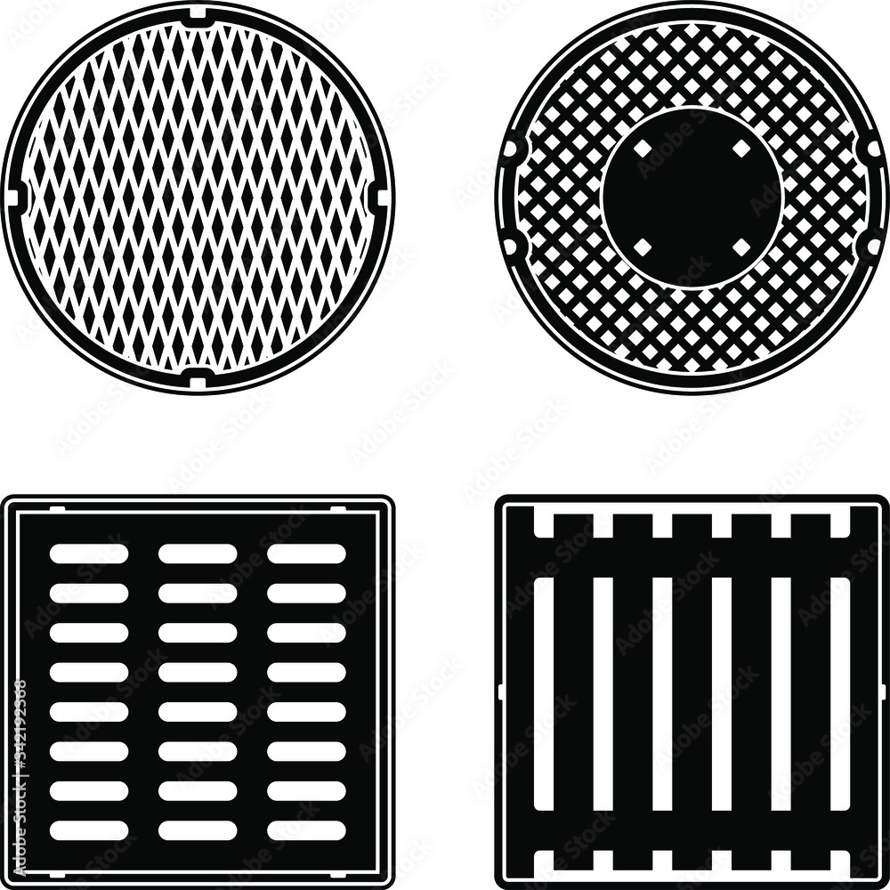 A set of vector sewer caps and grids isolated on a white background ...