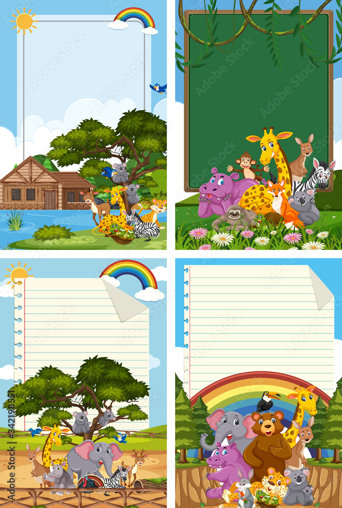 Border template design with many wild animals in background Stock ...