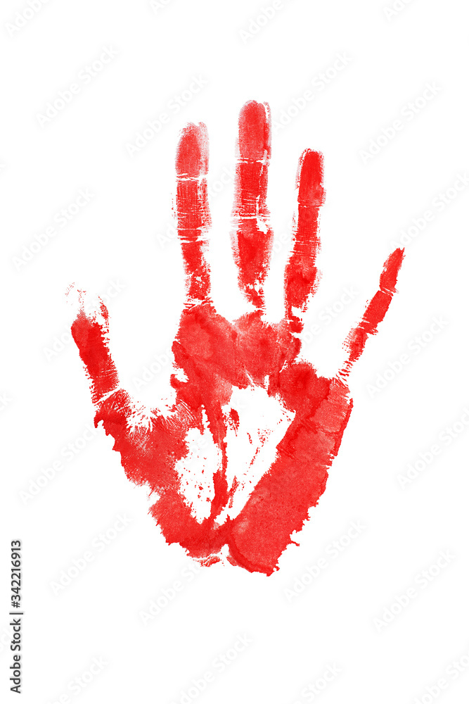 Red watercolor print of human hand on white background isolated close ...