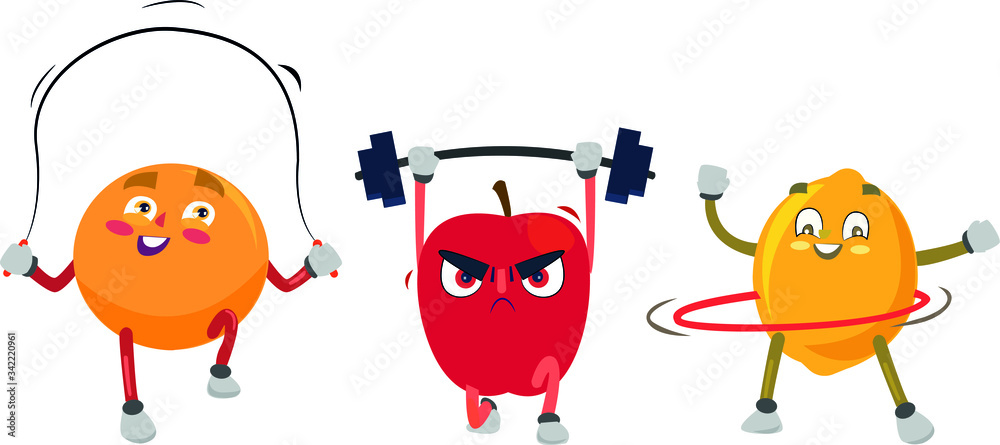 Funny fruit and berry characters doing sport. Fruits in fitness ...