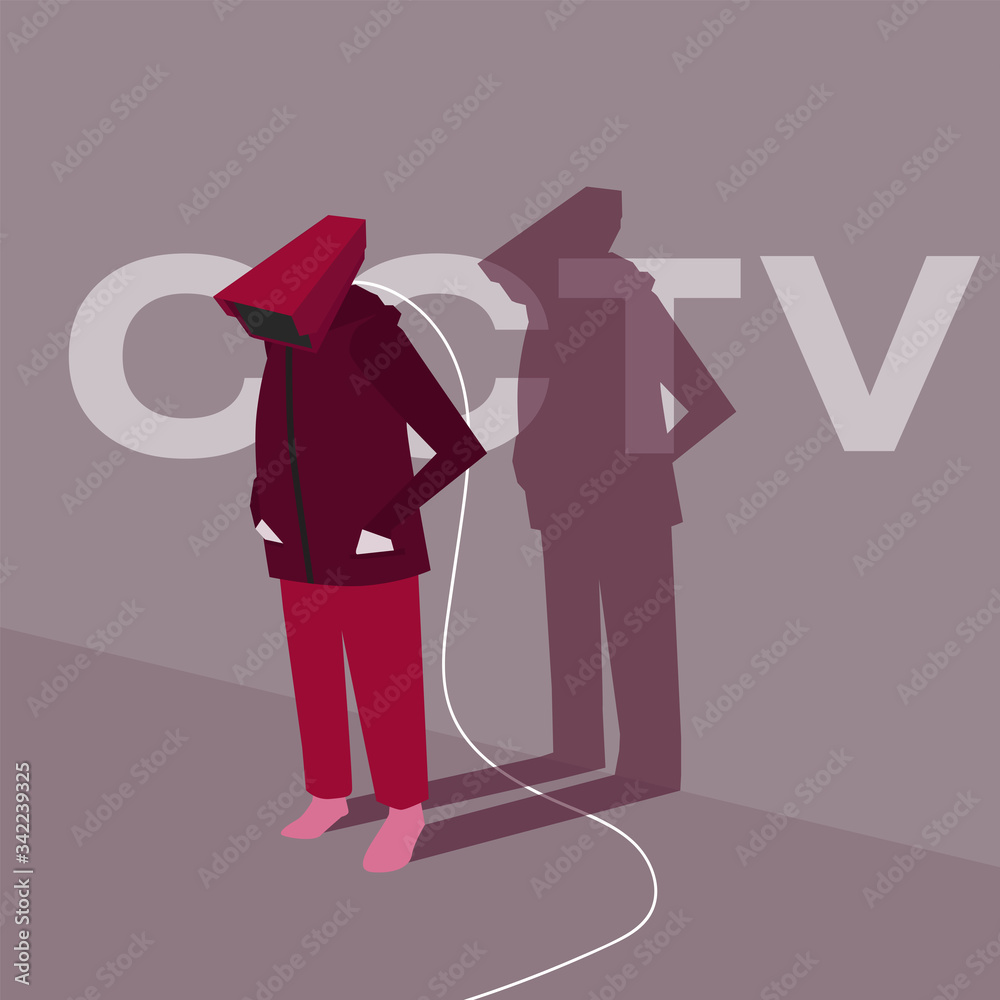 Concept poster of head man is a CCTV camera standing by the wall with ...