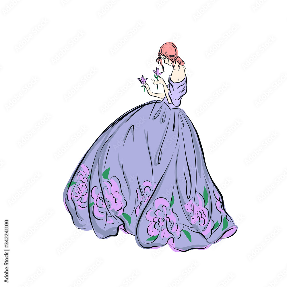 Princess in lilac ball gown holds flowers. Stock Vector | Adobe Stock
