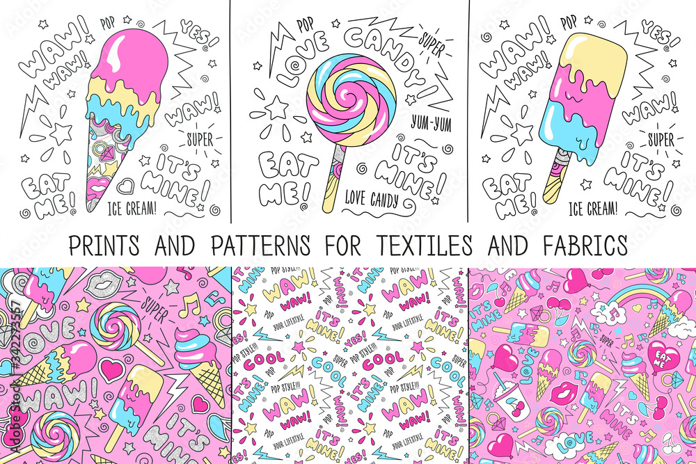 Art set. Prints and patterns for clothes and fabric. Ice cream and ...