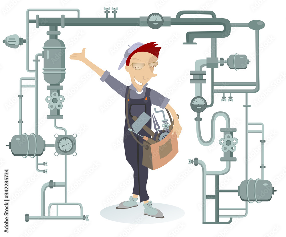 Smiling worker with a tool bag illustration. Cartoon cheerful mechanic ...