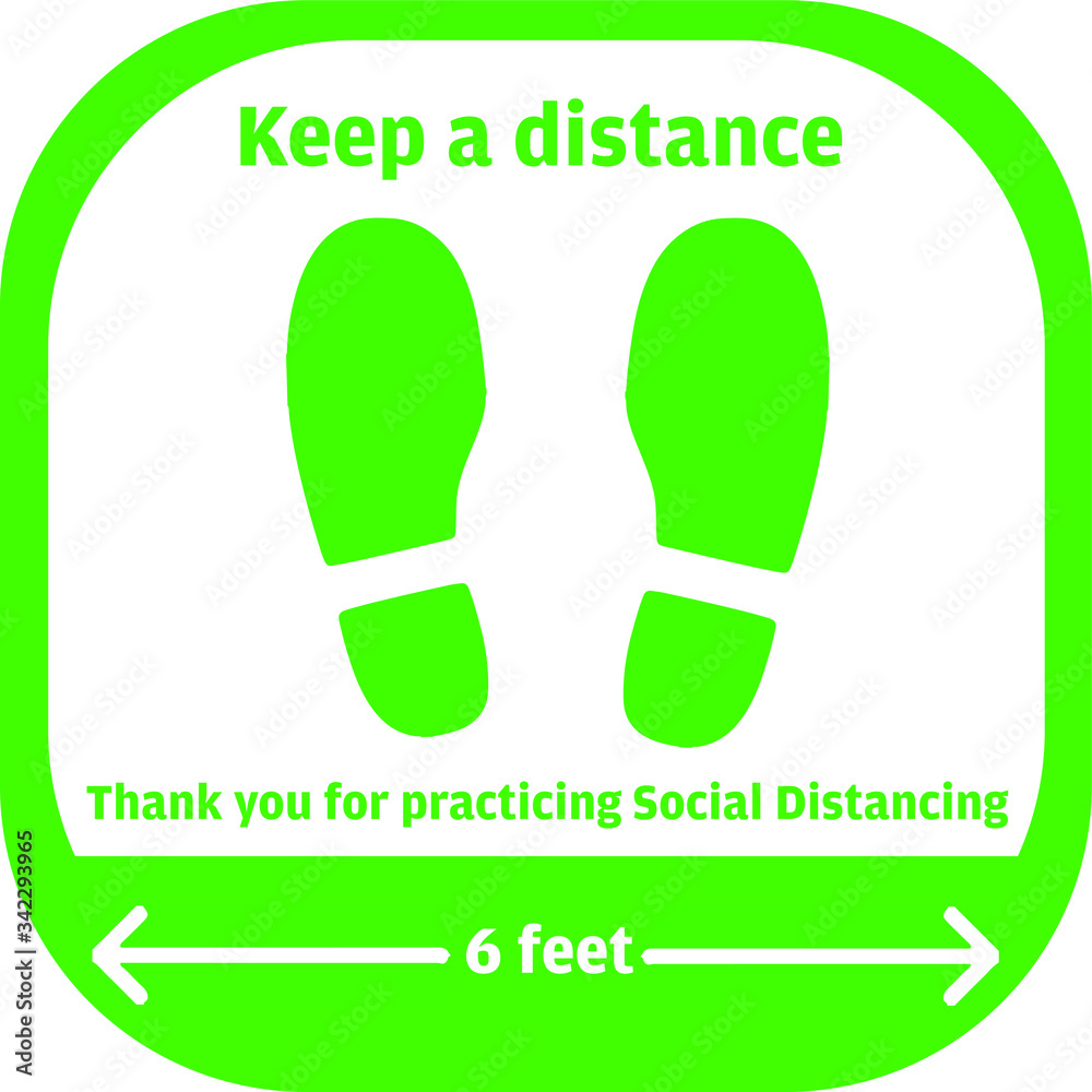 Warning sign sticker of feet with text Keep a distance on top, Thank ...