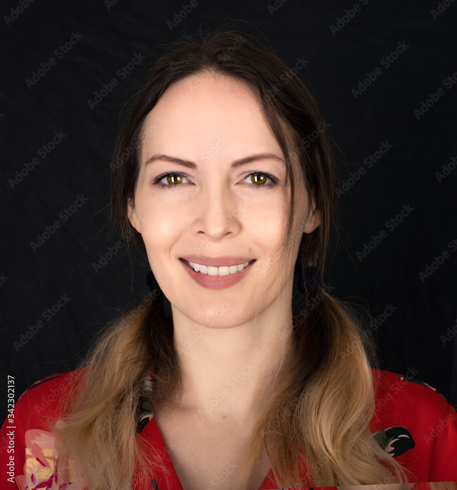 Emotion. Closed woman face with facial expressions over black ...