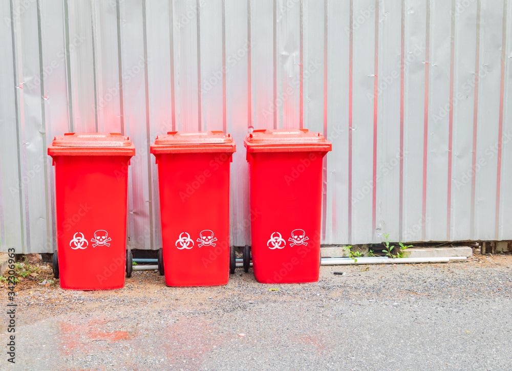 red bins three with symbol infectious in the outdoors keep clean from ...