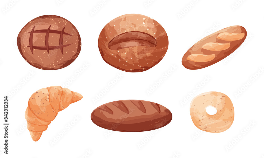 Set of different types of baked goods with different types of bread ...