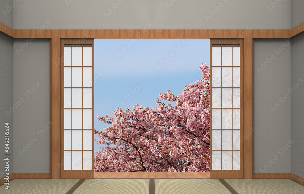 Japanese sliding doors with beautiful landscape of full blooming ...