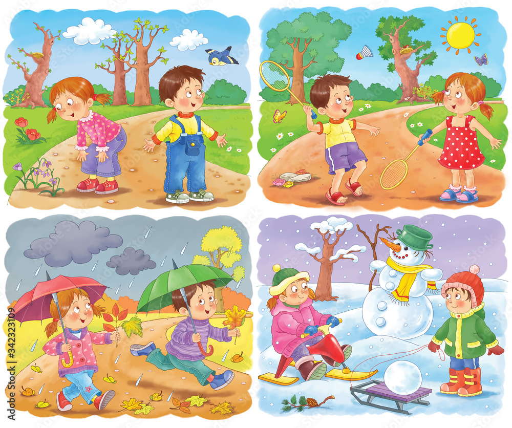 Four seasons. Spring, summer, autumn, winter. Set of 8 pictures. Cute ...