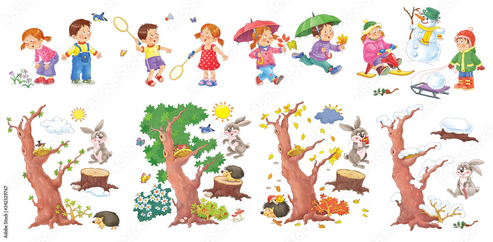 Four seasons. Spring, summer, autumn, winter. Set of 8 pictures. Cute ...