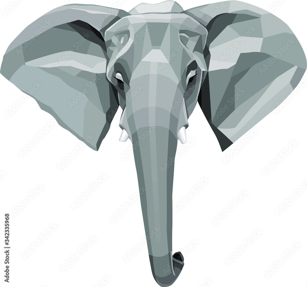 Faceted sticker elephant isolated on a white backgrounds. Head of ...