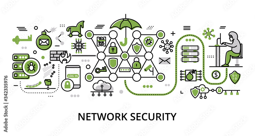 Vetor de Infographic greenery Network Security concept, modern flat ...
