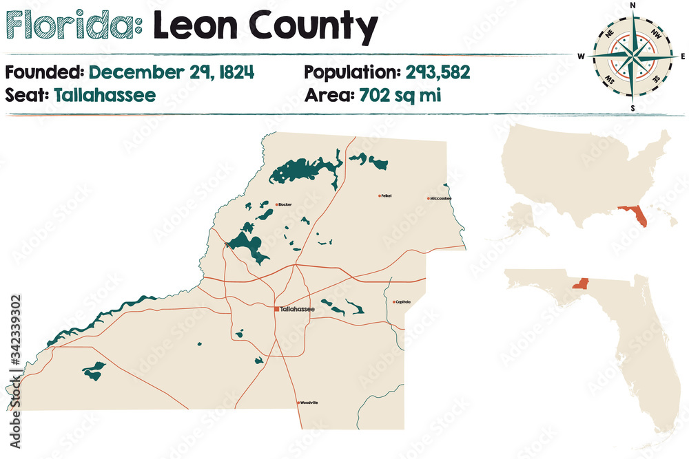 Large and detailed map of Leon county in Florida, USA. Stock Vector ...