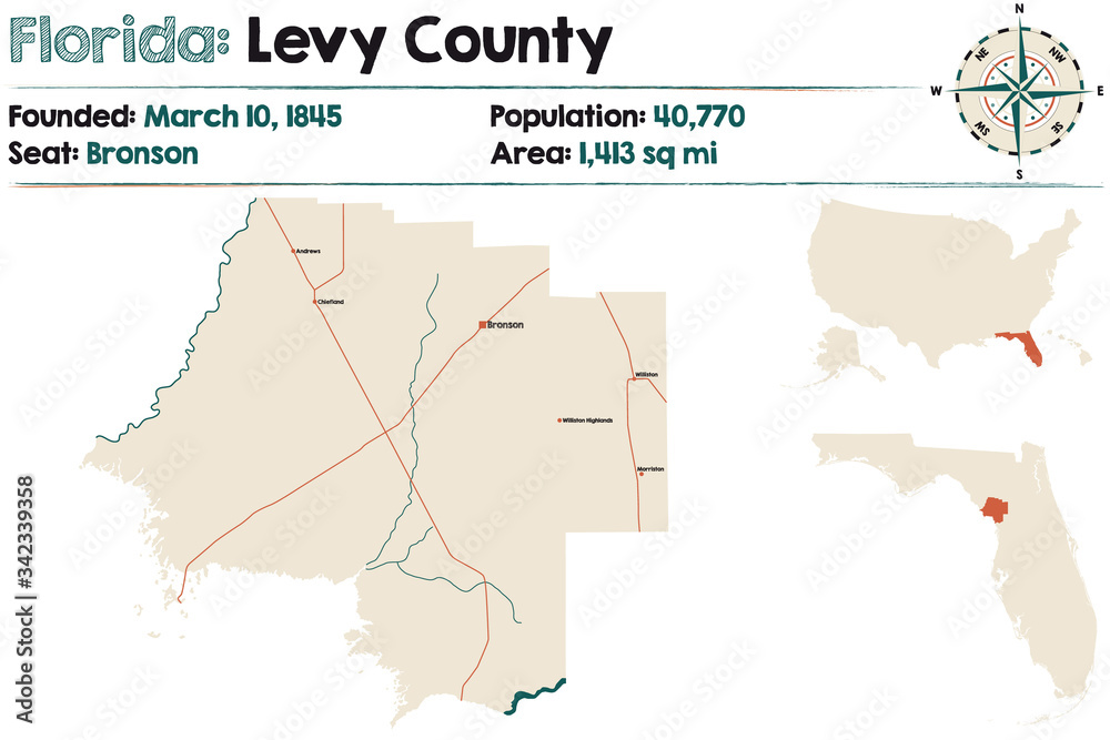 Large and detailed map of Levy county in Florida, USA. Stock Vector ...