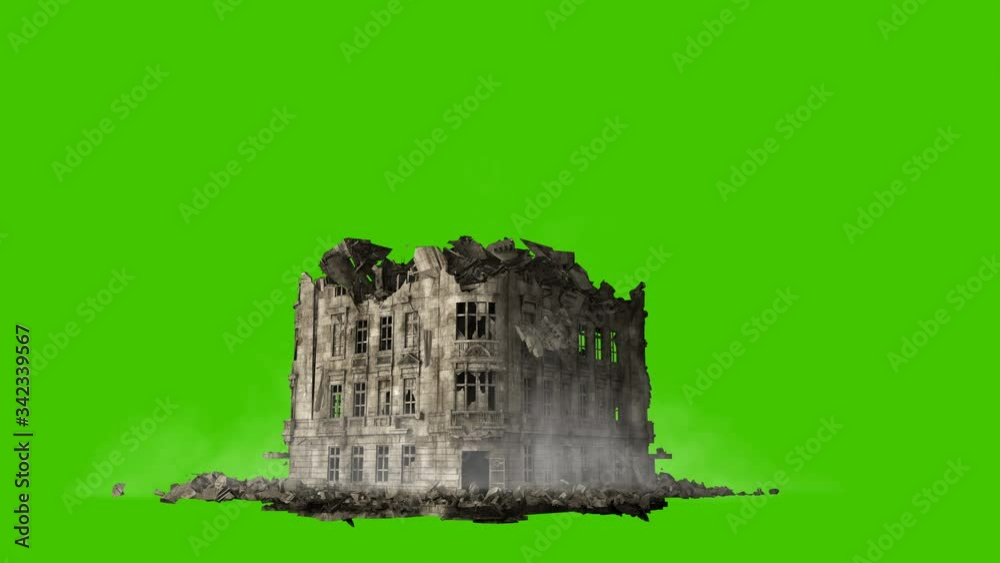 Abandoned collapsing house with a lot of dust and smoke. Close-up of ...