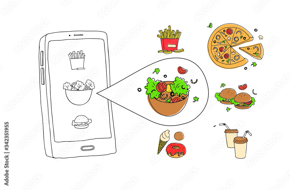 vector illustration about online food delivery. food ordering process ...