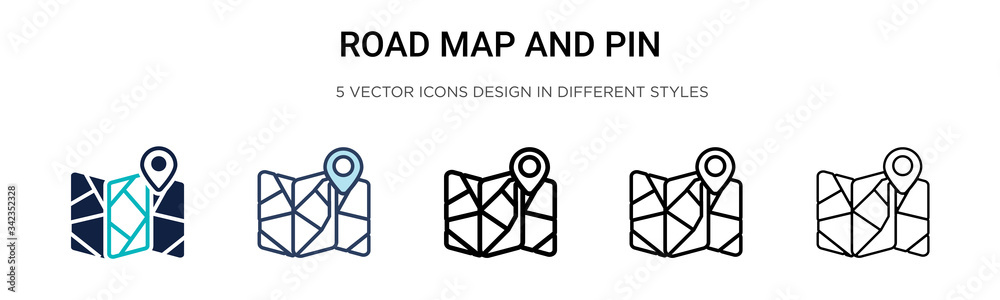Road map and pin icon in filled, thin line, outline and stroke style ...