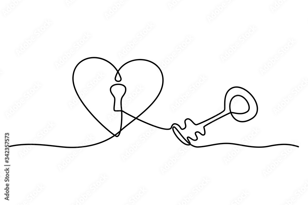 Continuous line drawing. Lock and key. Heart shape. Valentine's day ...