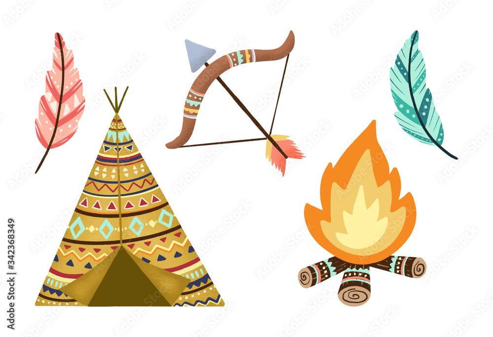 Cute cartoon native american set on a white background. Hut, bonfire ...