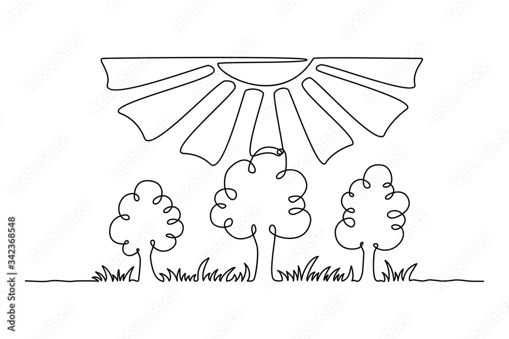 Continuous line drawing. Nature. Sun and trees. Black isolated on white ...