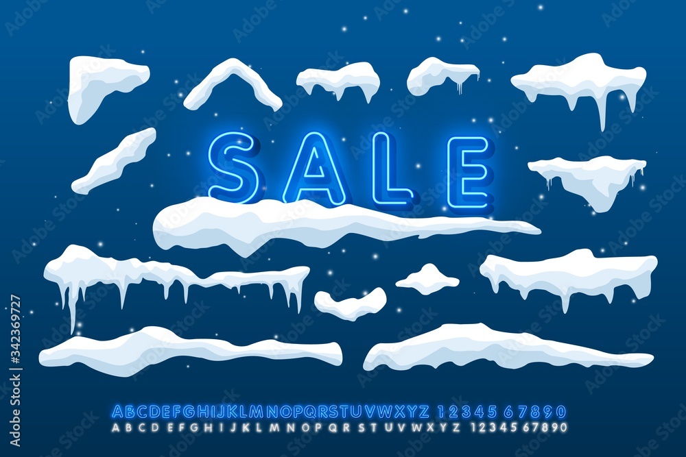 Snow caps, snowballs and snowdrifts are installed. Element of winter ...