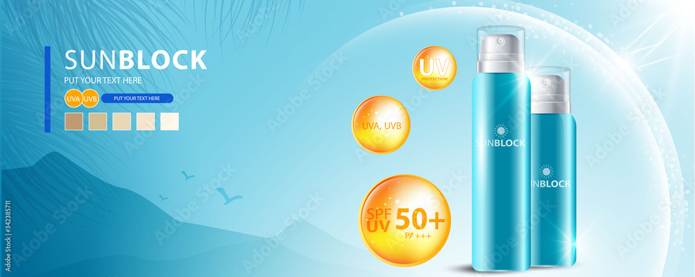 Sunblock ads template, sun protection cosmetic products design with ...