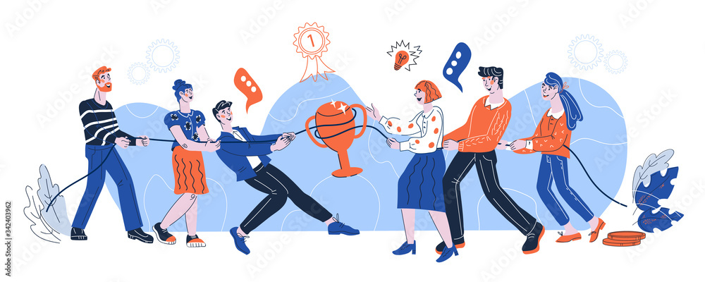 Business teams pulling rope, tug of war as business competition ...