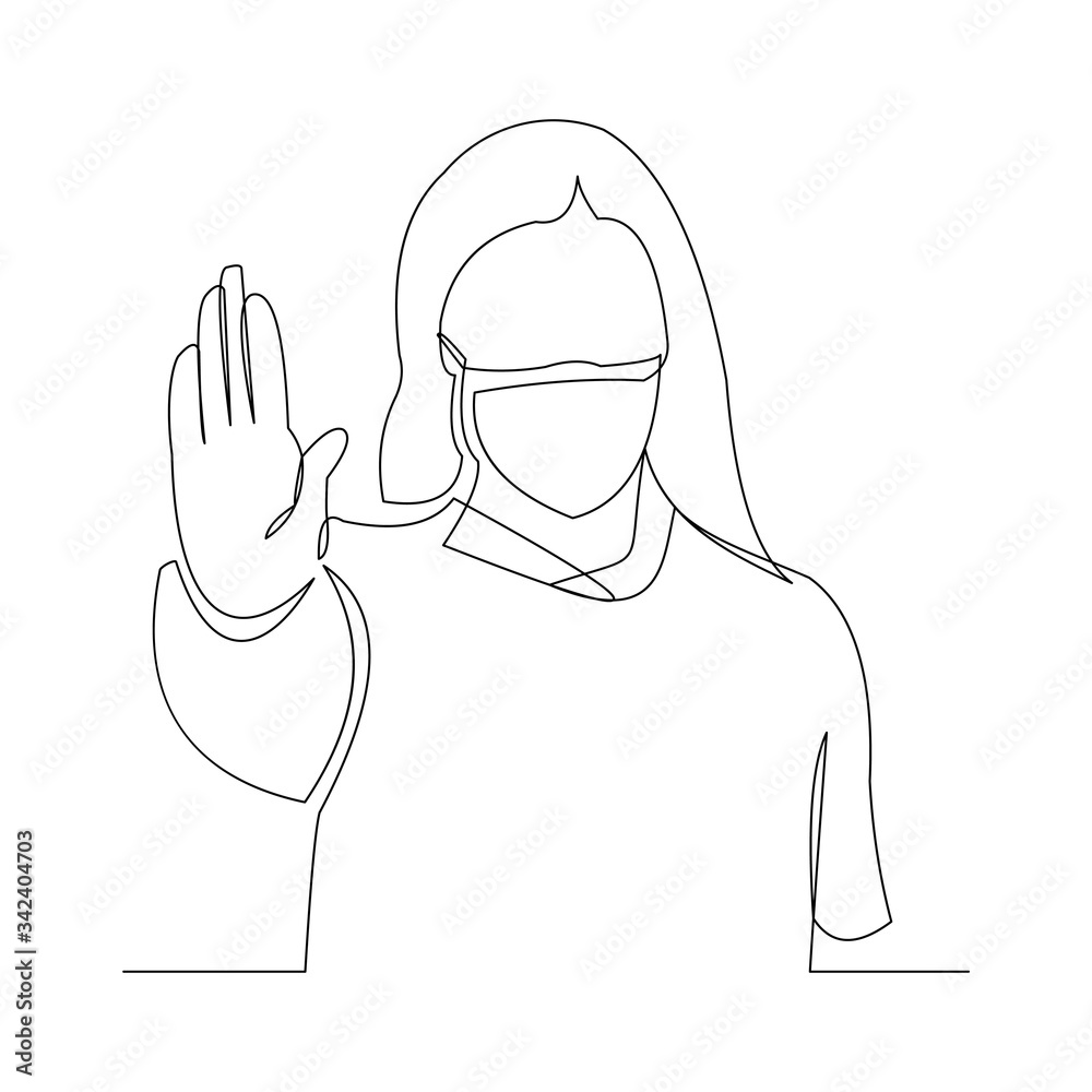 Continuous line drawing of women wearing surgical mask and stop gesture ...