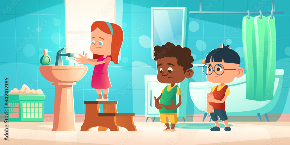 Kids wash hands in bathroom. Children personal hygiene concept. Vector ...