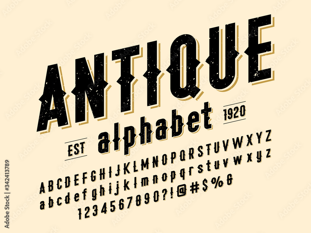 Vintage styled alphabet design with uppercase, lowercase, numbers and ...