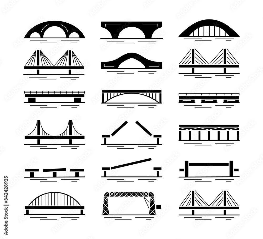 Set Of Bridge Black Silhouette Icons Isolated On White Background