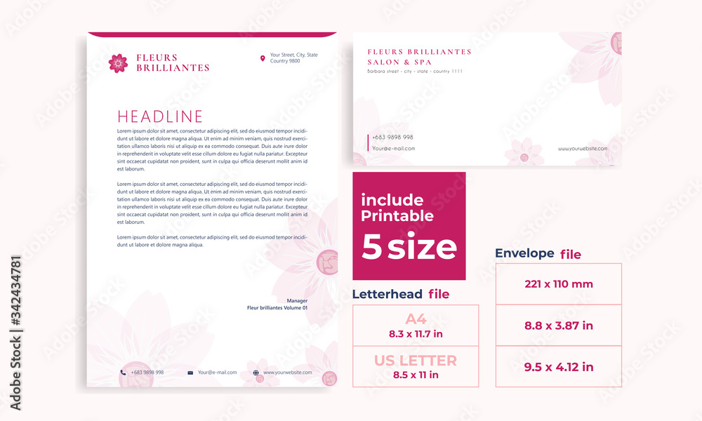 Beauty pink letterhead,Envelope minimalist Cosmos size DL, A4 and US ...