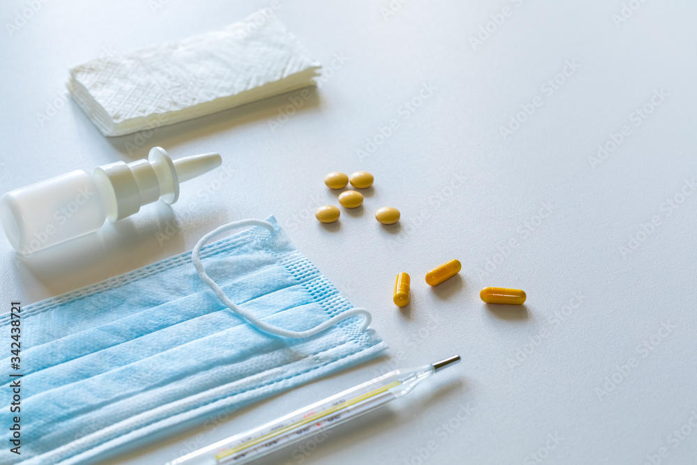 Concept of seasonal cold diseases and allergies. Tablets in blisters ...