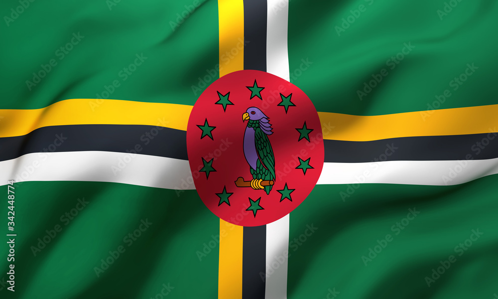 Flag of Dominica blowing in the wind. Full page Dominican flying flag ...