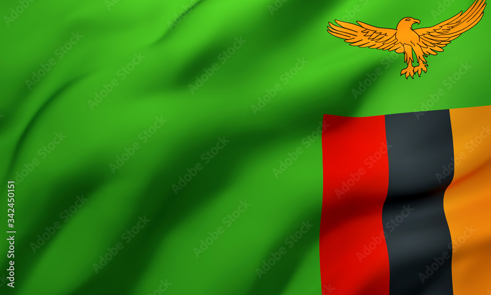 Flag of Zambia blowing in the wind. Full page Zambian flying flag. 3D ...