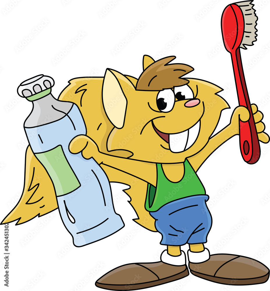Cartoon cat holding a toothbrush and toothpaste in his hands vector ...