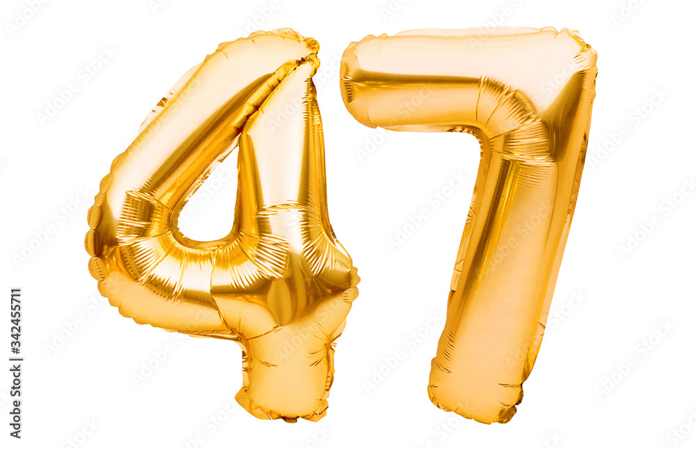 Number 47 forty seven made of golden inflatable balloons isolated on ...