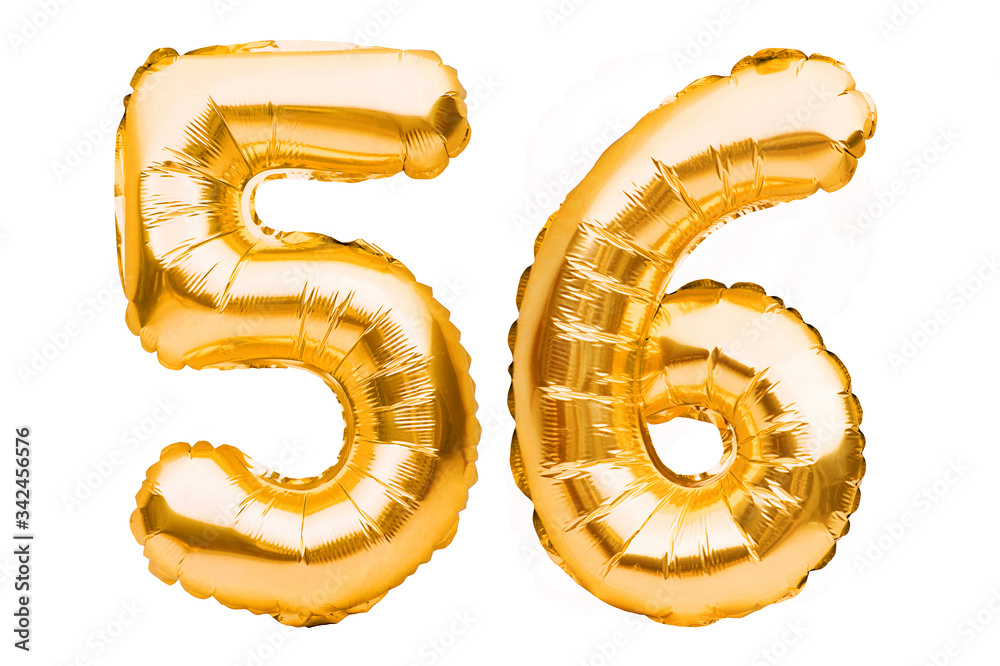 Number 56 fifty six made of golden inflatable balloons isolated on ...